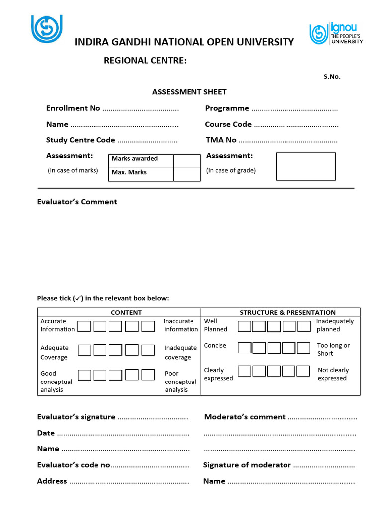 Assessment Sheet IGNOU | PDF
