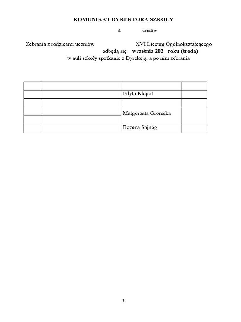 Harmonogram Zebrania Wrzesien 2024 | PDF