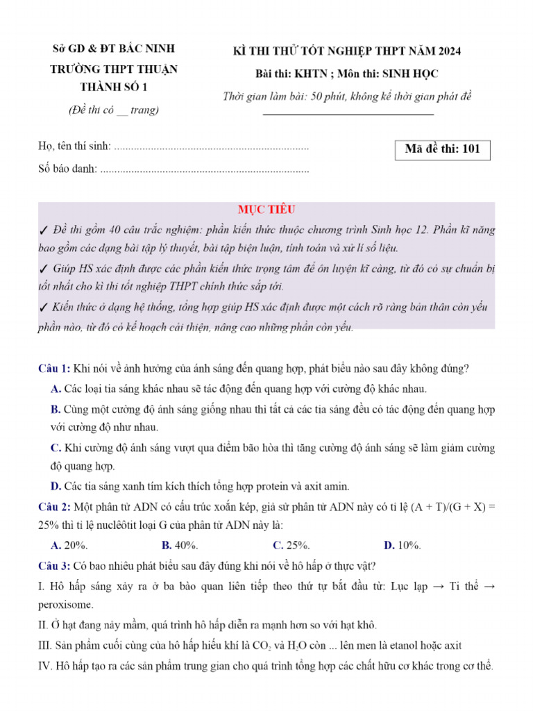 21 de Thi Thu TN THPT Sinh Hoc 2024 THPT Thuan Thanh 1 Bac Ninhdocx - 3200 - PDF - Gdrive.vip | PDF