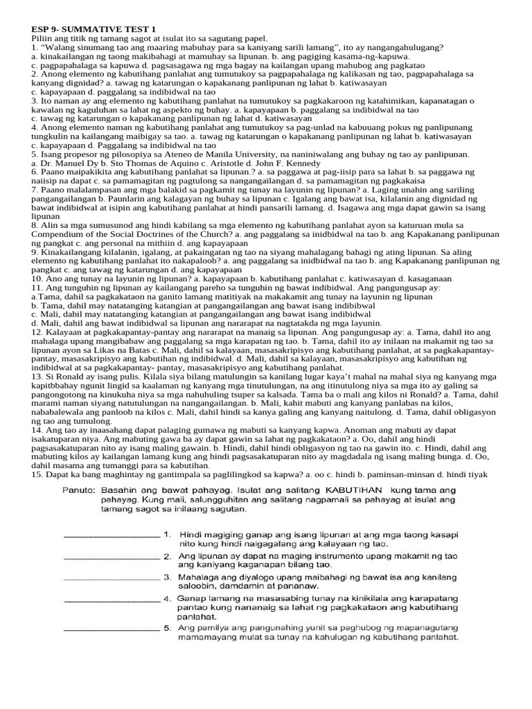 Esp 9 Summative Test 1 | PDF Esp 9 Summative Test 1 | PDF