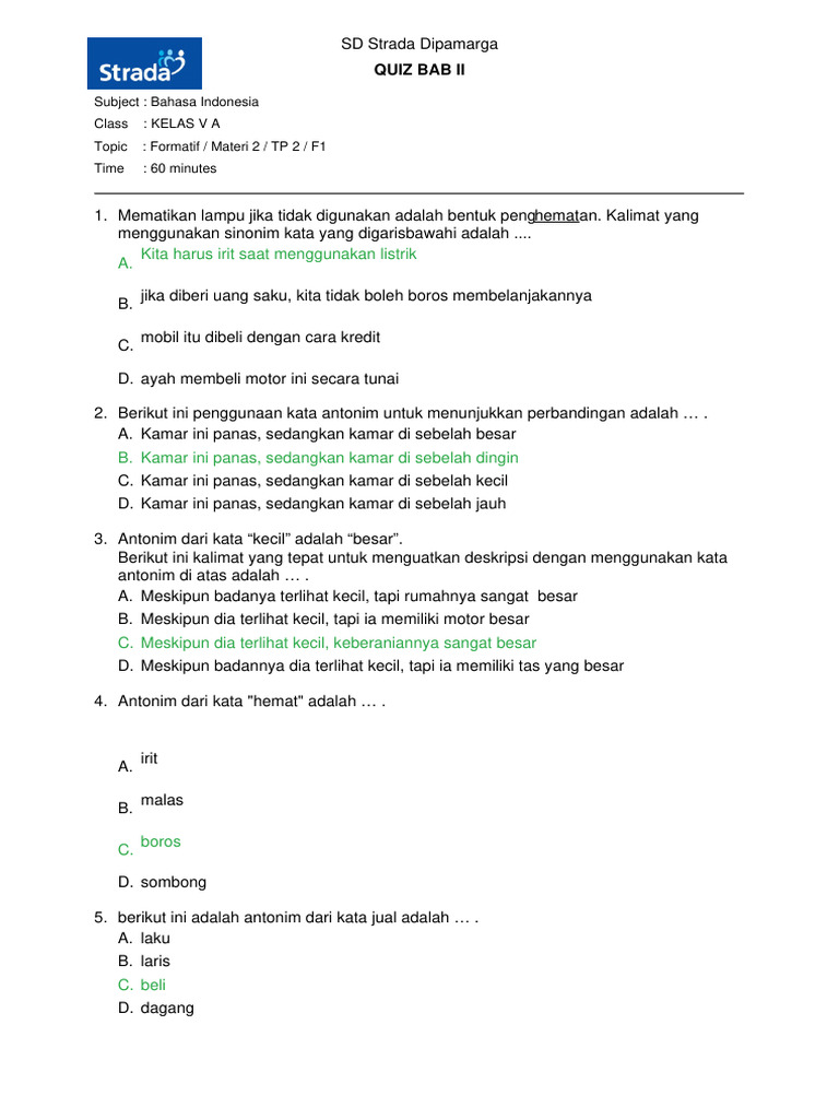 Bahasa Indonesia - QUIZ BAB II - Question + Answer | PDF