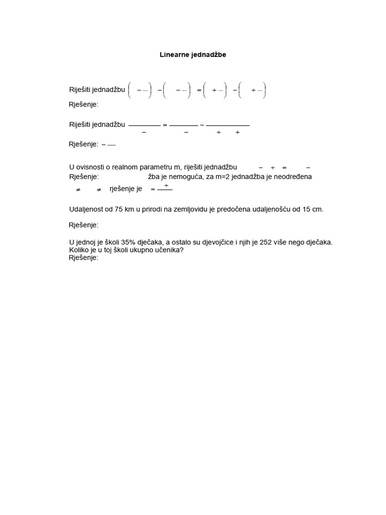 Linearne Jednadzbe Problemi Prvog Stupnja Zadaci Plus 2 | PDF