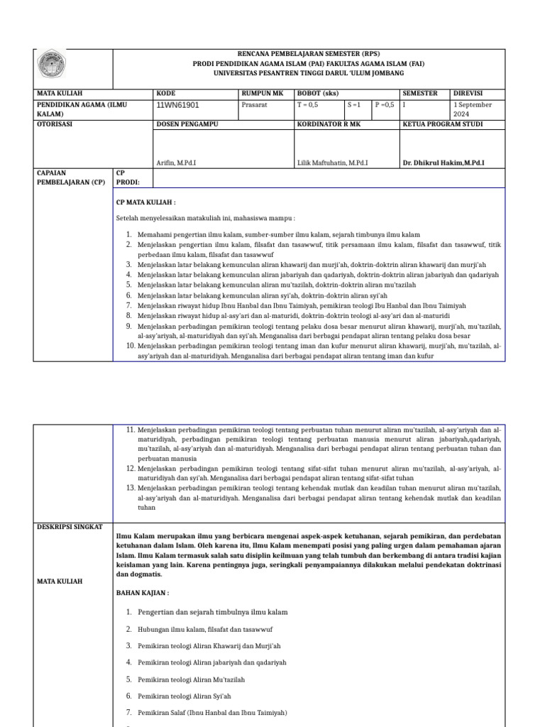 RPS Pebdidikan Agama (Ilmu Kalam) Pai 2023-1 | PDF