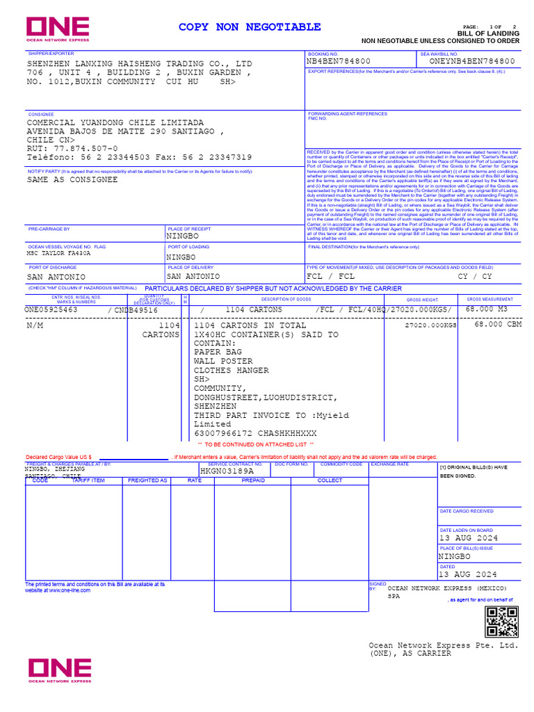 Copy Non Negotiable: Rut: Teléfono: 56 2 23344503 Fax: 56 2 23347319 | PDF