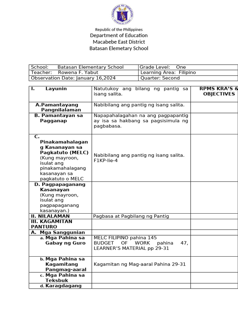 Pagpapantig Lesson Plan | PDF