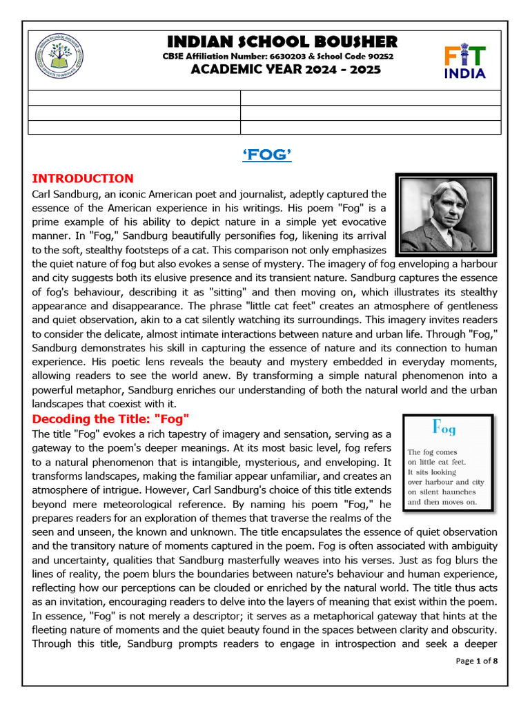 G10 - Notes - Fog - Unit 8 - Poem - FF - AY 2024-25 | PDF