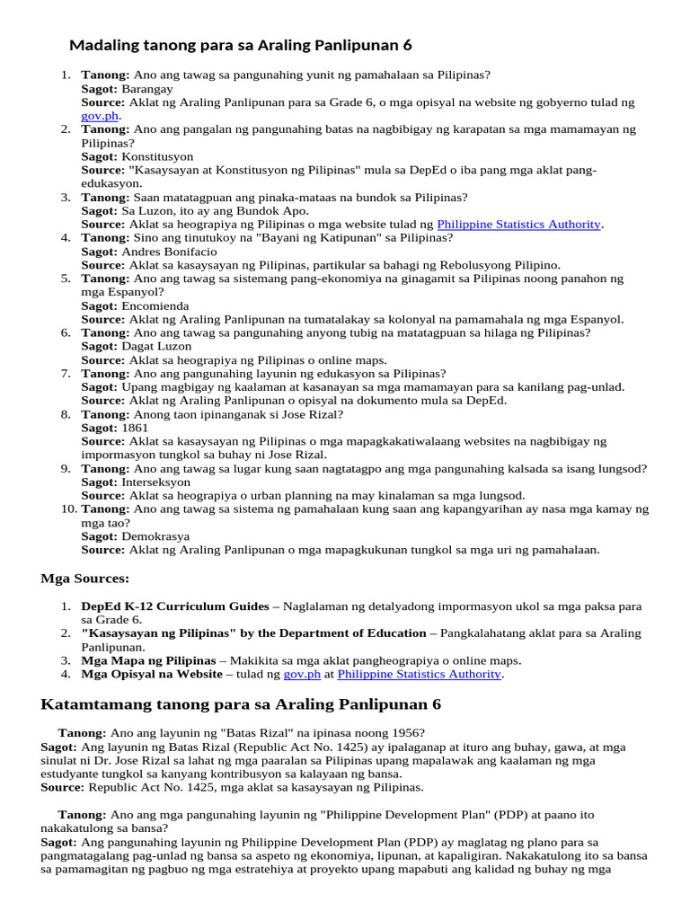 Additional Question Sa Araling Panlipunan | PDF