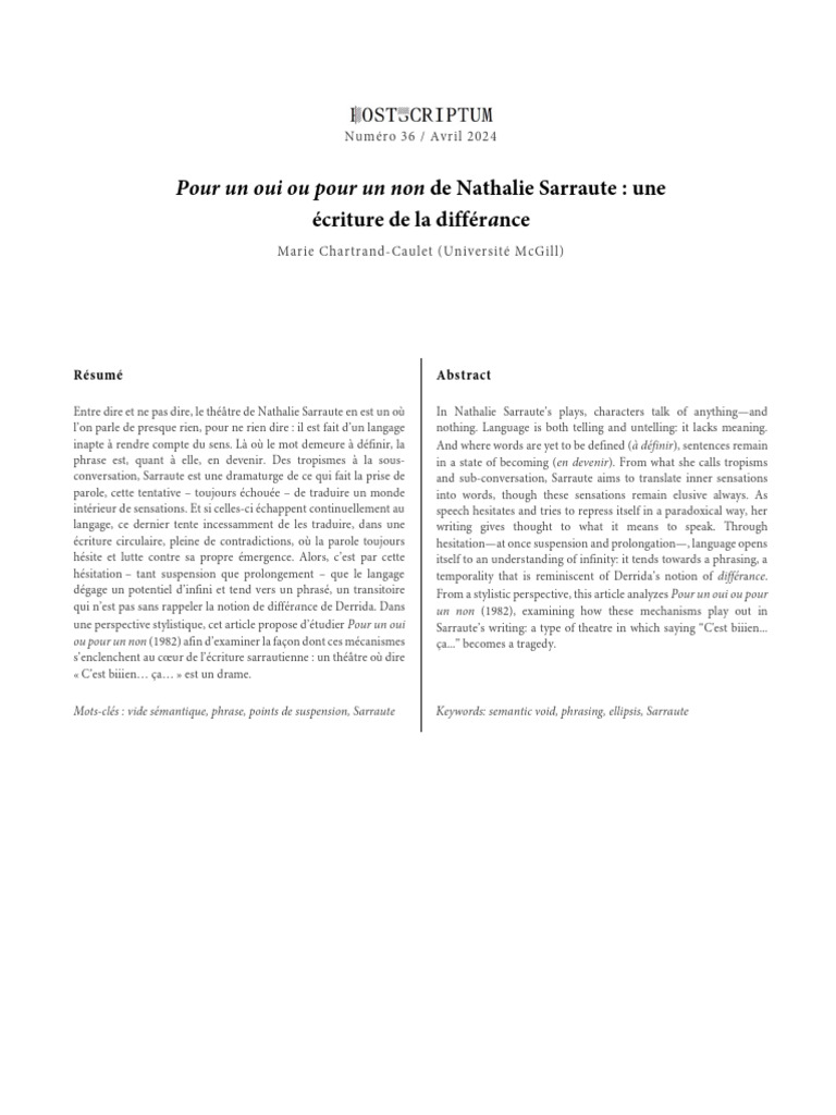 Pour Un Oui Ou Pour Un Non de Nathalie Sarraute | PDF