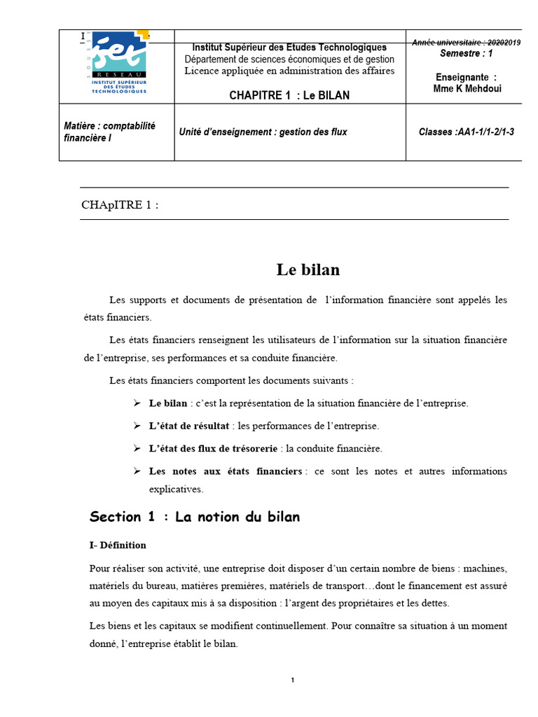 CHAP 1 Le Bilan | PDF