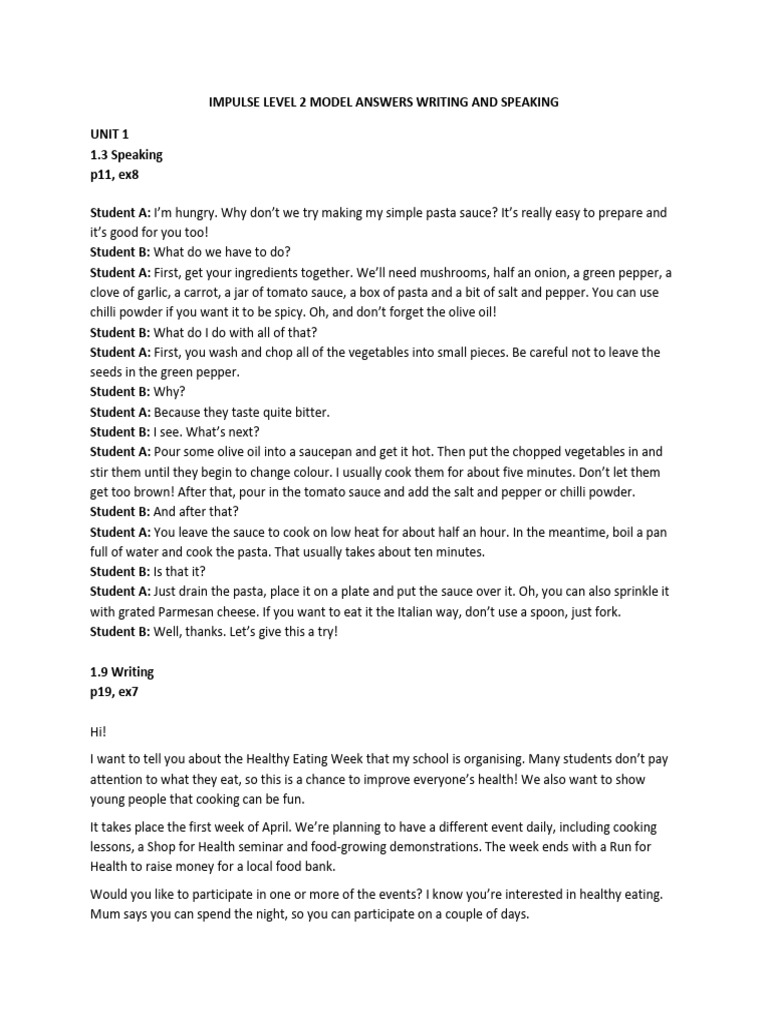 Impulse 2 Model Answers Speaking Writing | PDF