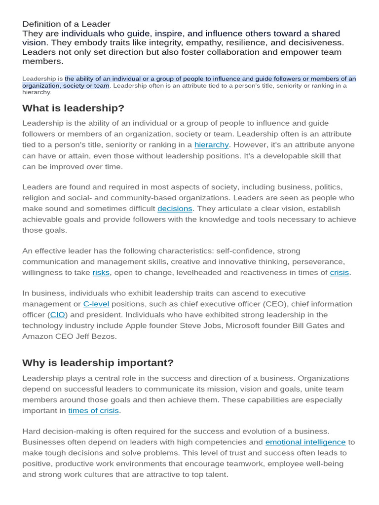 Definition of A Leader | PDF