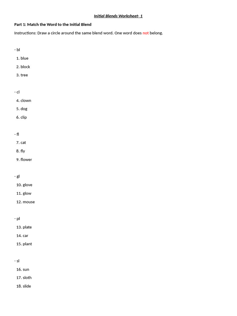 Initial Blends Worksheet | PDF