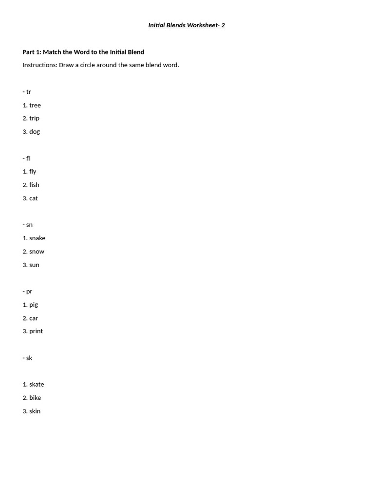 Initial Blends Worksheet 2 | PDF
