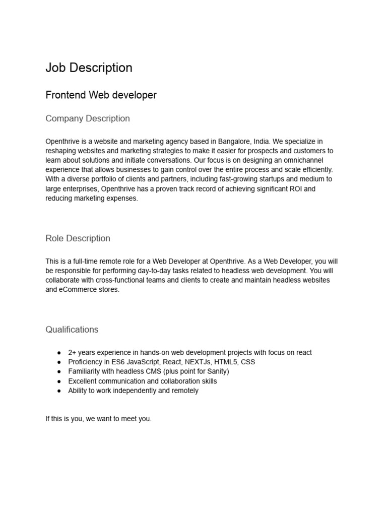 Frontend Web Developer - Job Description | PDF
