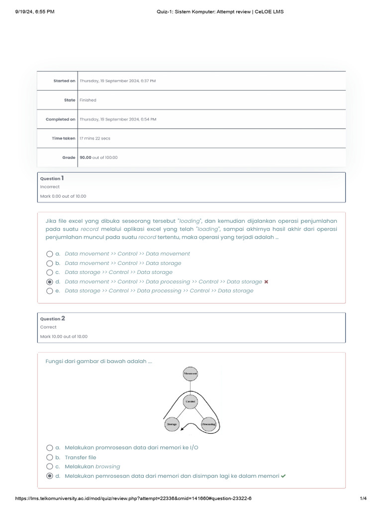 Quiz-1 - Sistem Komputer - Attempt Review - CeLOE LMS | PDF | Computer Science | Data Management