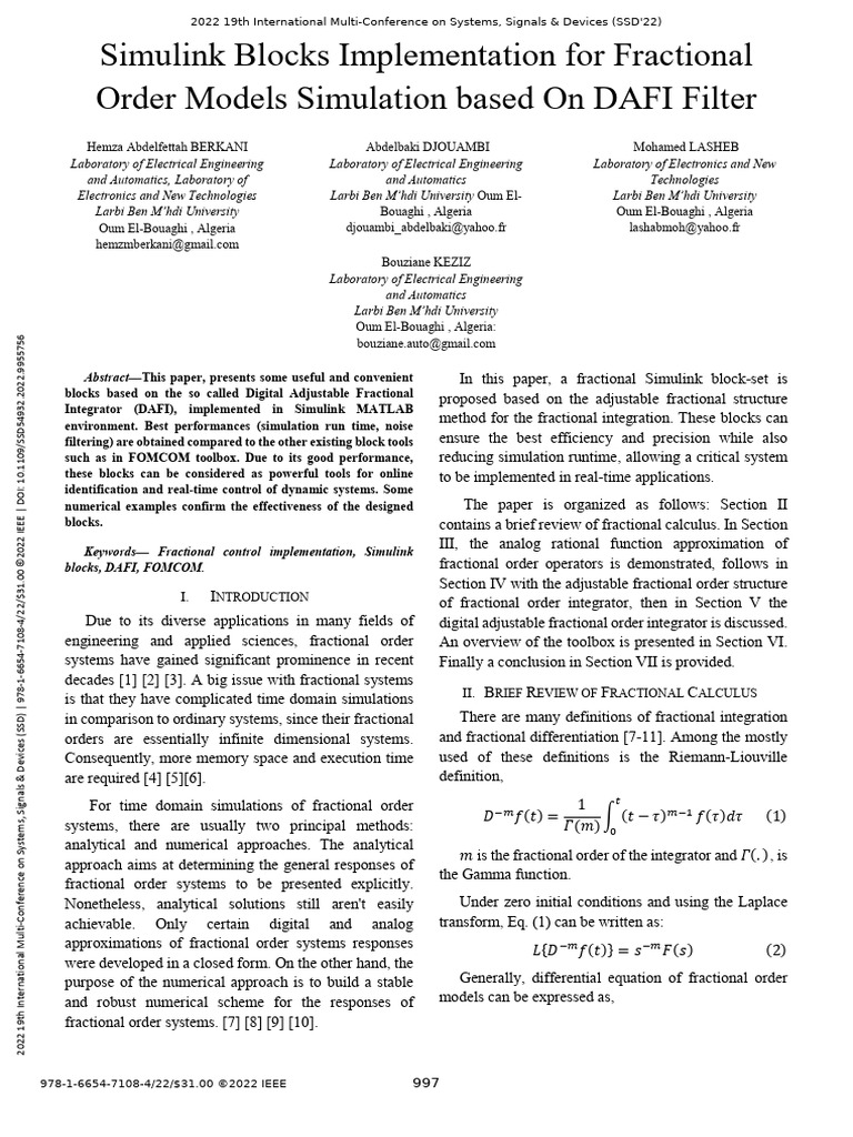Simulink Blocks Implementation For Fractional Order Models Simulation Based On DAFI Filter | PDF
