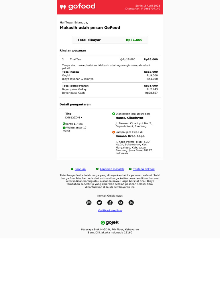 Makasih Udah Pesan Gofood: Total Dibayar | PDF