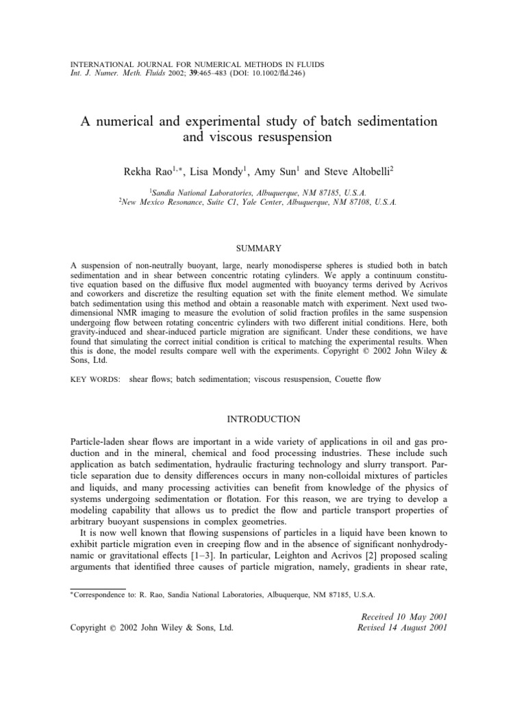 A Numerical and Experimental Study of Batch Sedimentation and Viscous Resuspension | PDF