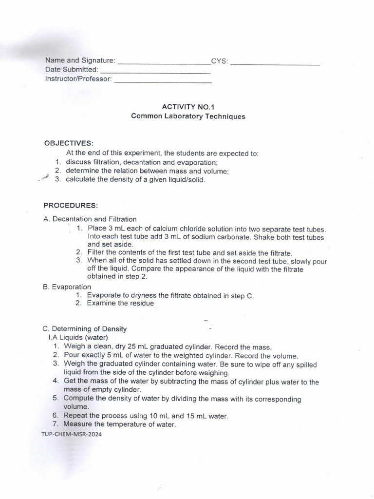 Activity 2 Procedures Common Laboratory Techniques | PDF