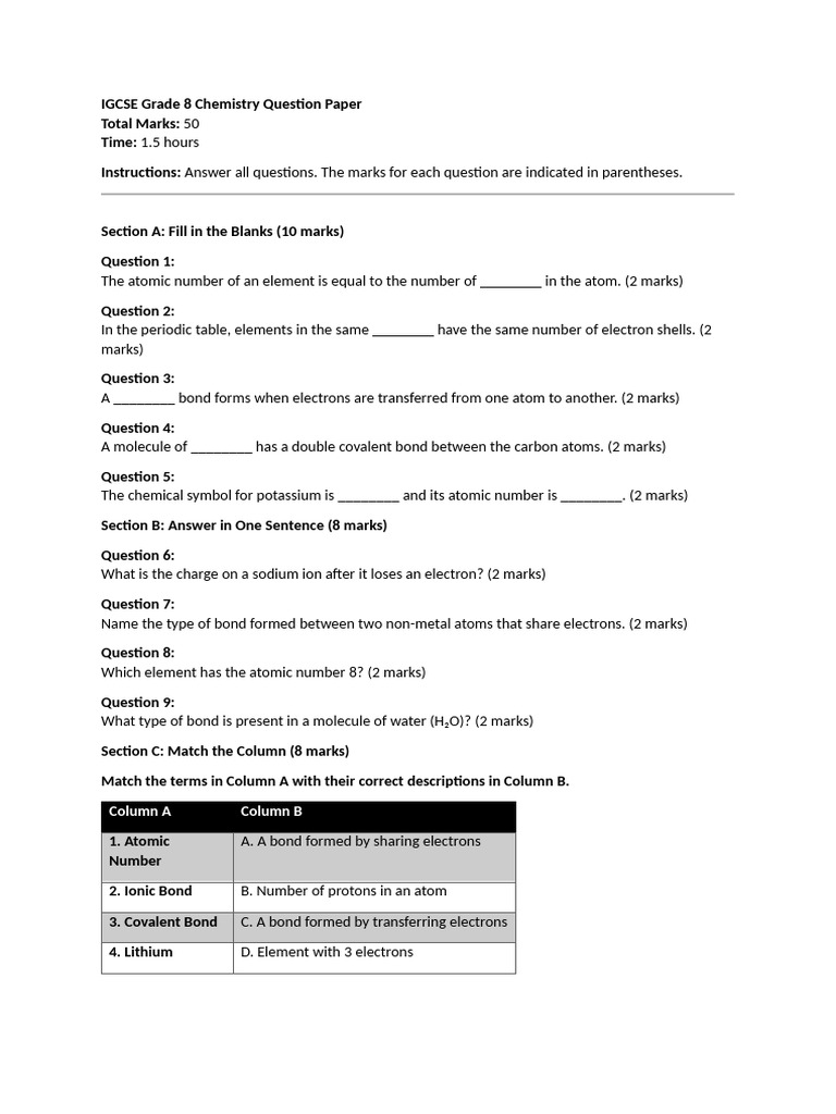 IGCSE Grade 8 Chemistry Question Paper | PDF