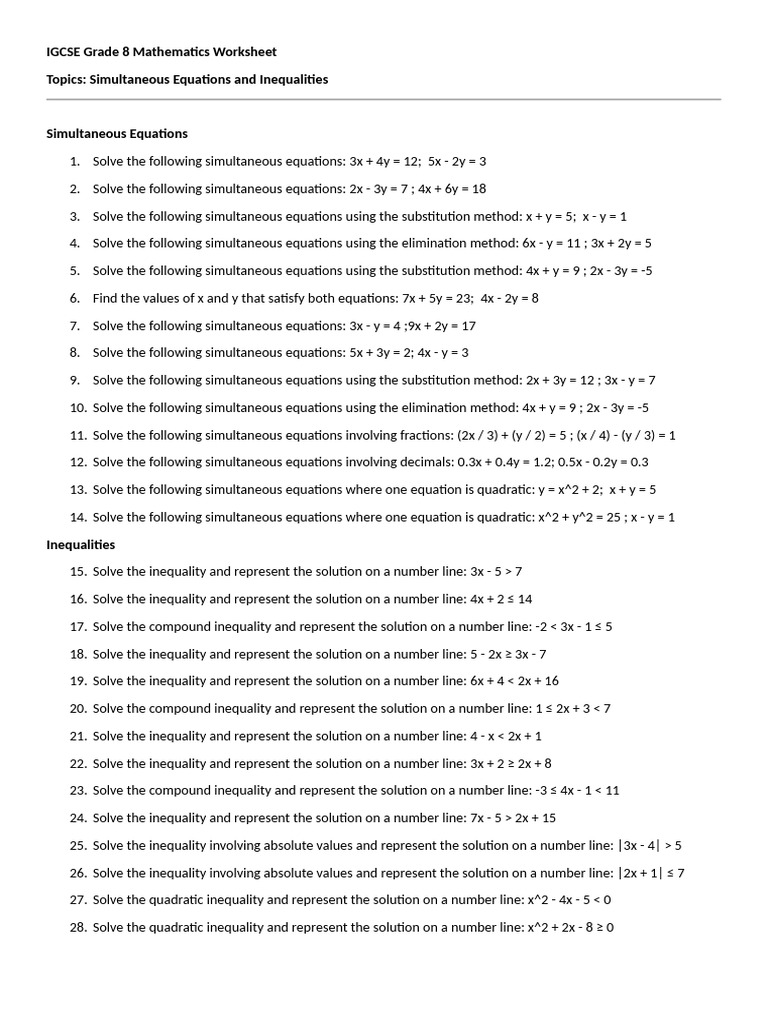 IGCSE Grade 8 Mathematics Simultanoeus Equation and Inequality | PDF
