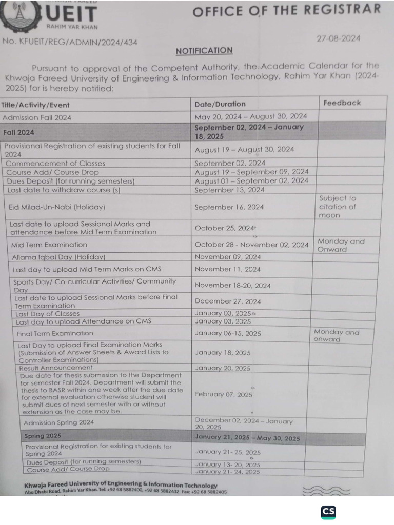 Academic Calendar Notification 2024-25 KFUEIT | PDF Academic Calendar Notification 2024-25 KFUEIT | PDF