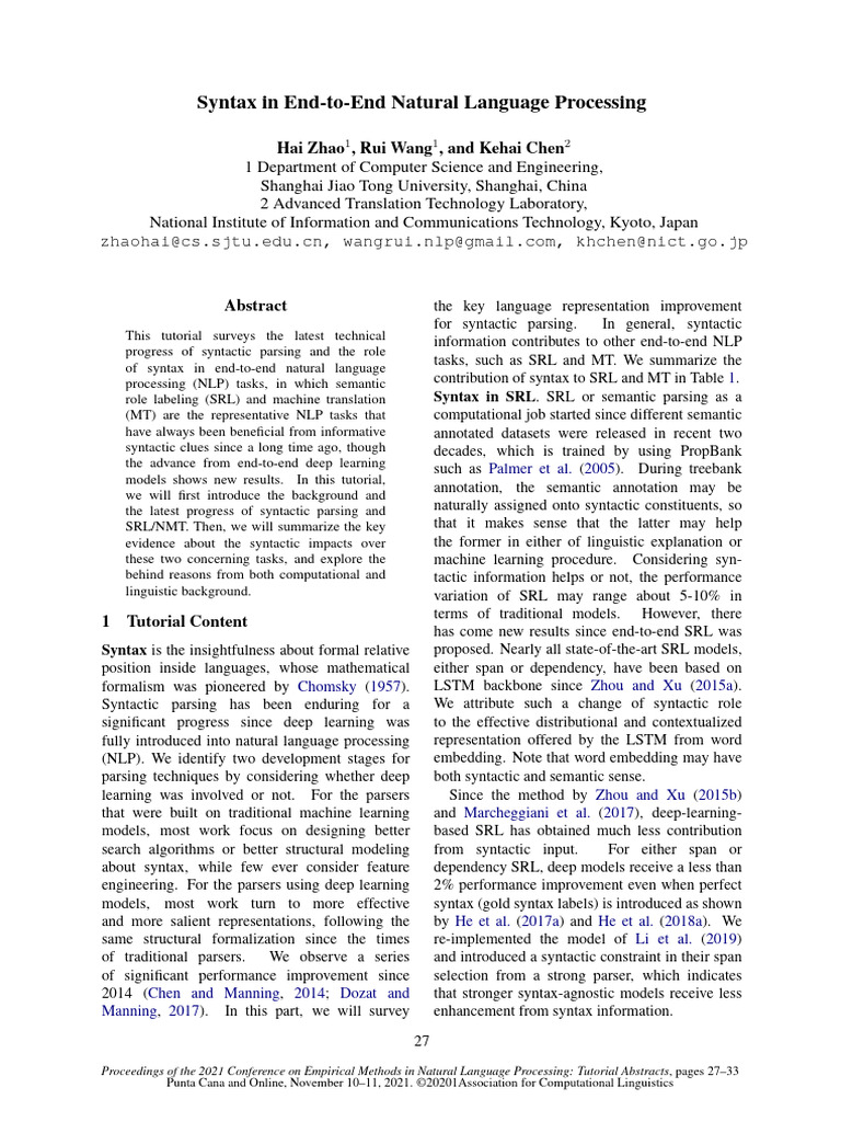 Syntax in End-to-End Natural Language Processing: Hai Zhao, Rui Wang, and Kehai Chen | PDF