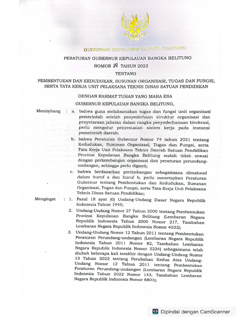 Pergub Nomor 28 Tahun 2023 Tentang Prmbentukan SOTK UPTD SATPEN Tahun ...