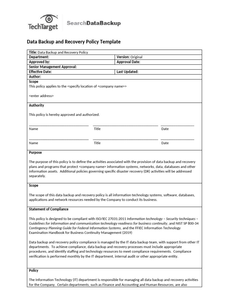 Data Backup and Recovery Policy Template | PDF