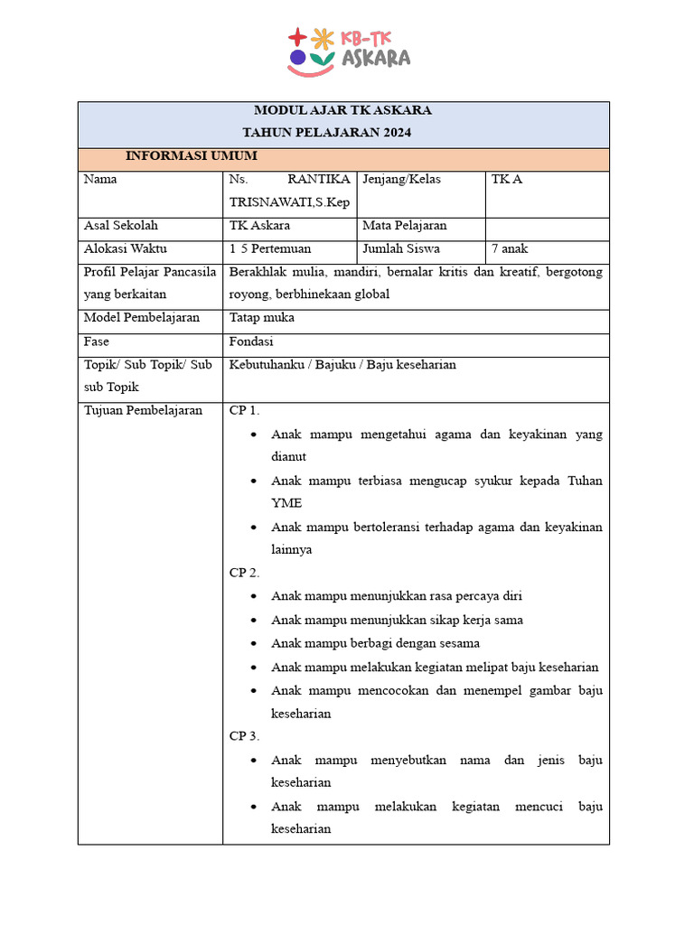 Modul Ajar TK Askara Topik Pakaianku | PDF