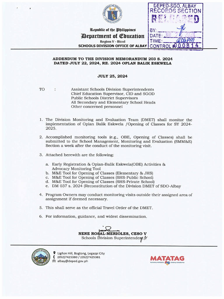 Addendum To The Division Memorandum 203 S. 2024 Dated July 22 2024 Re 2024 Oplan Balik Eskwela 1 ...