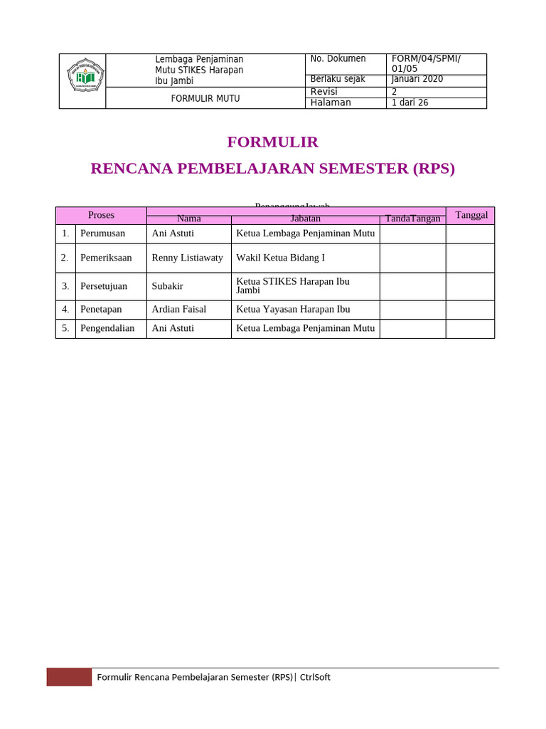 0105 Formulir Rencana Pembelajaran Semester (RPS) - Revisi I (SMK3) (RARA) | PDF