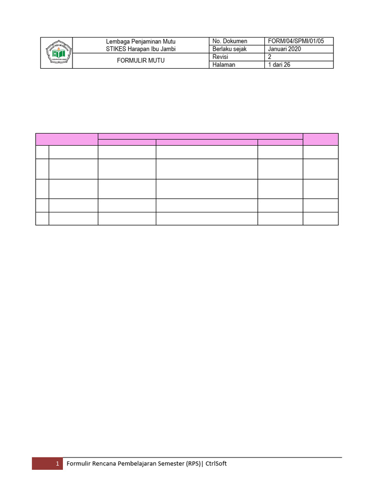 0105 Formulir Rencana Pembelajaran Semester (RPS) - Revisi I (SMK3) (RARA) | PDF