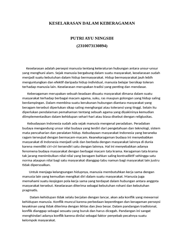 Tugas KWN Putri Ayu Ningsih NPM 2310073130894 Keselarasan Dalam Keberagaman | PDF