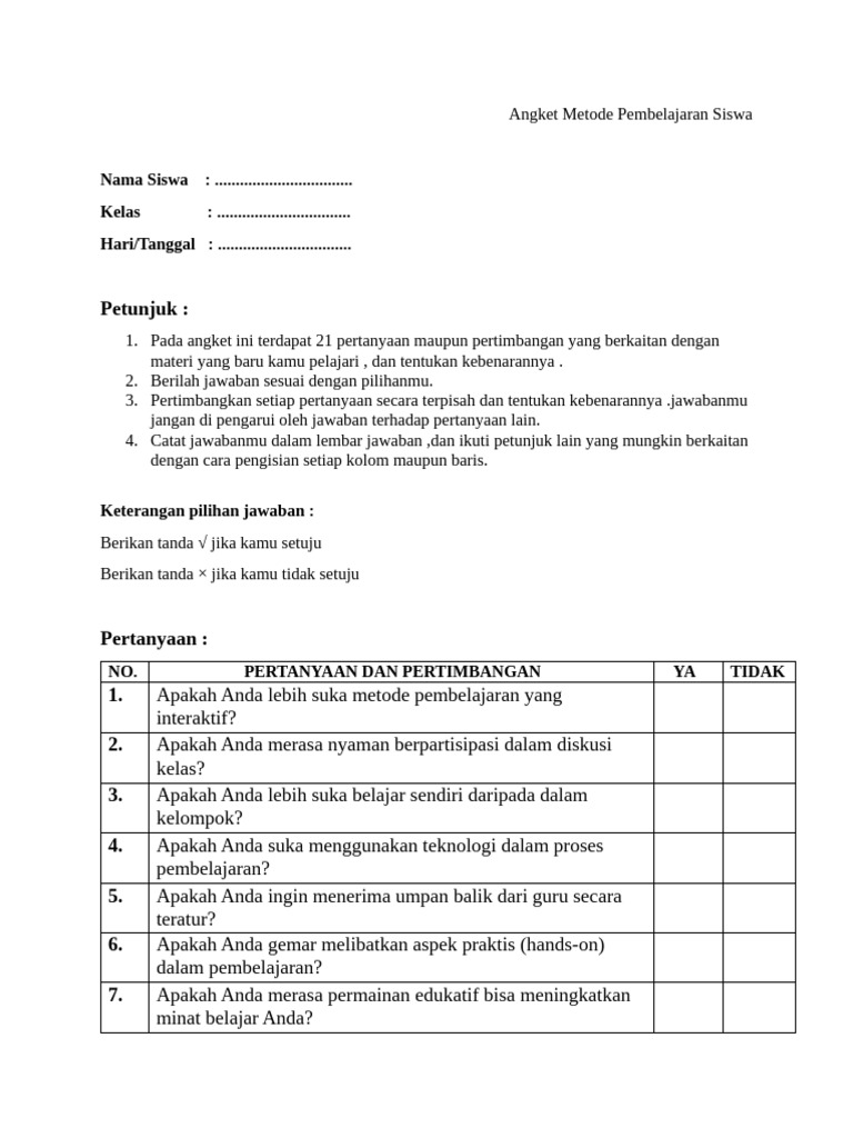 Angket Metode Pembelajaran Mata Kuliah Strategi Pembelajaran | PDF