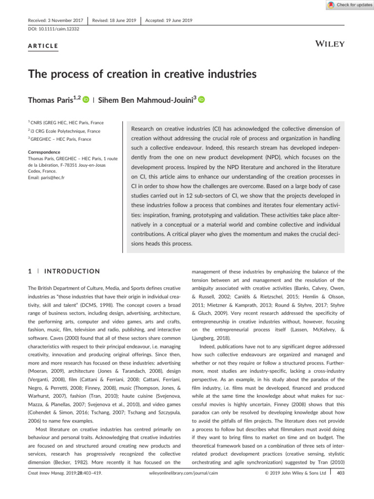 Paris (2019) - The Process of Creation in Creative Industries | PDF