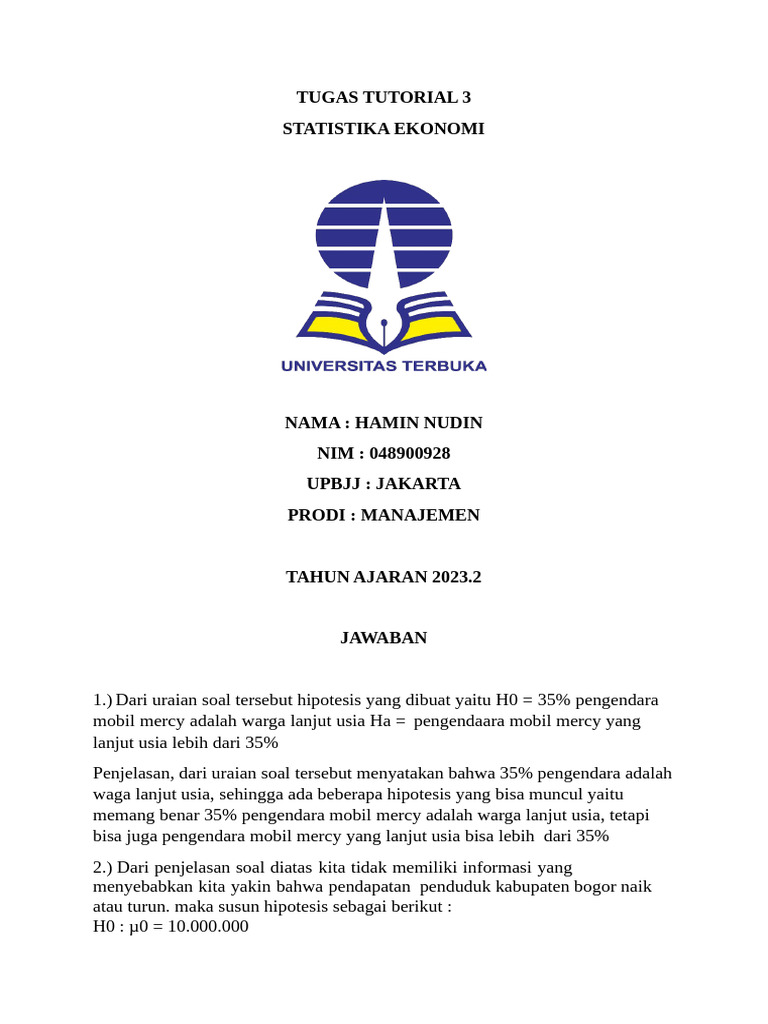 Tugas Tutorial 3 Statistika Ekonomi | PDF