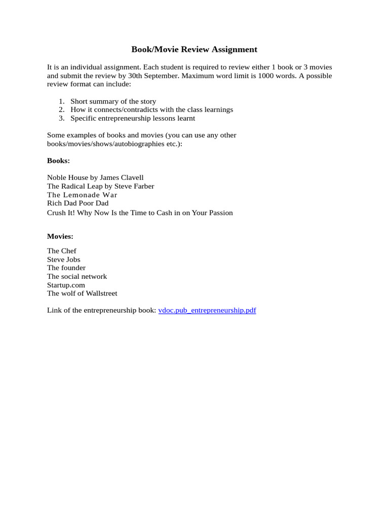 Book - Movie Review Assignment | PDF
