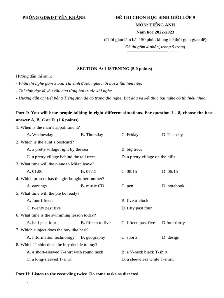 ĐỀ THI HSG ANH 9 KHÁNH HOÀ 2022 2023 | PDF