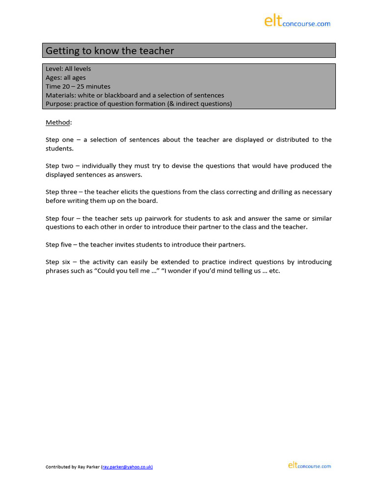 ELT Concourse Getting To Know The Teacher | PDF