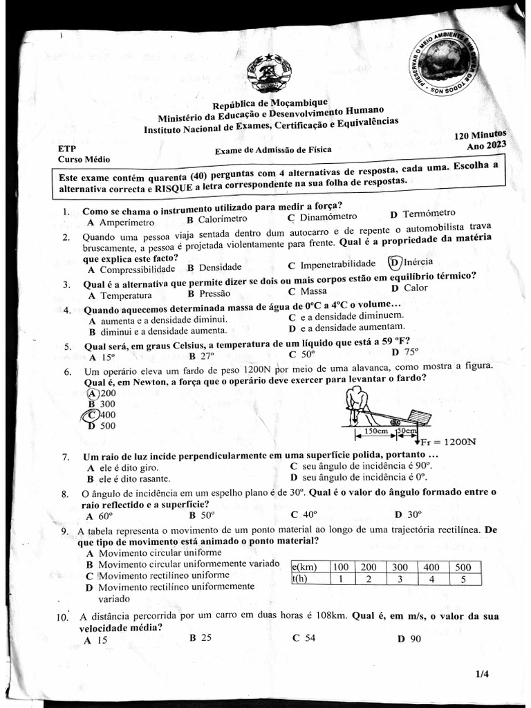 Exame de Fisica ETP 2023 | PDF
