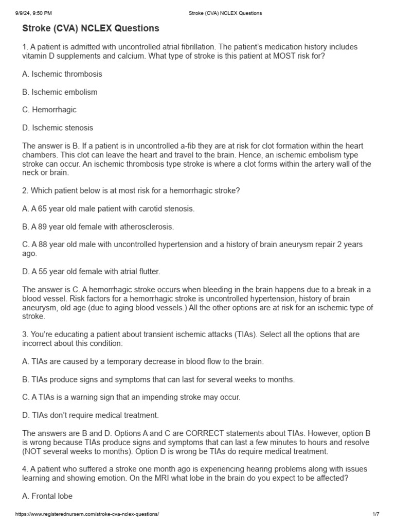 Stroke (CVA) NCLEX Questions | PDF