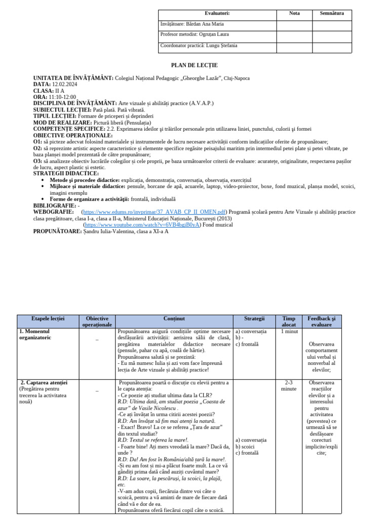 Plan Lecție AVAP Clasa A II-A | PDF