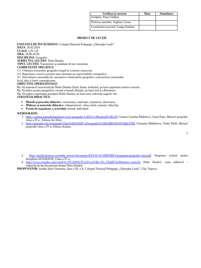 Proiect de Lecție Geografie - Clasa A IV-A | PDF