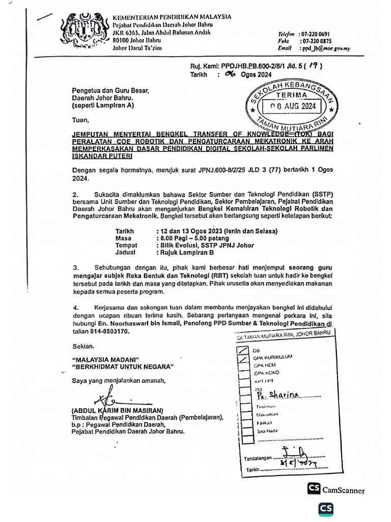 Surat Kursus Robotik 12-13 Ogos 2024 | PDF