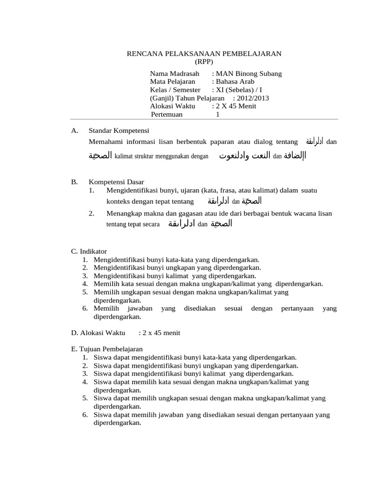 RPP Bahasa Arab Xi Ganjil | PDF