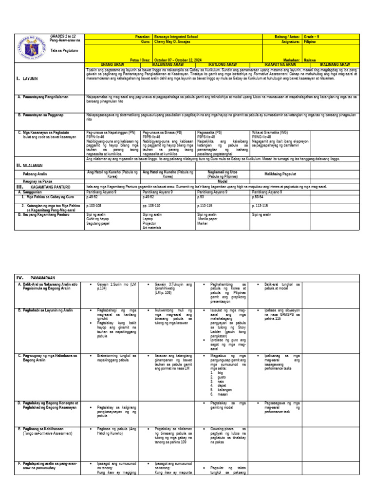 DLL - FILIPINO 9 2ngd Grading (Topic 2) | PDF