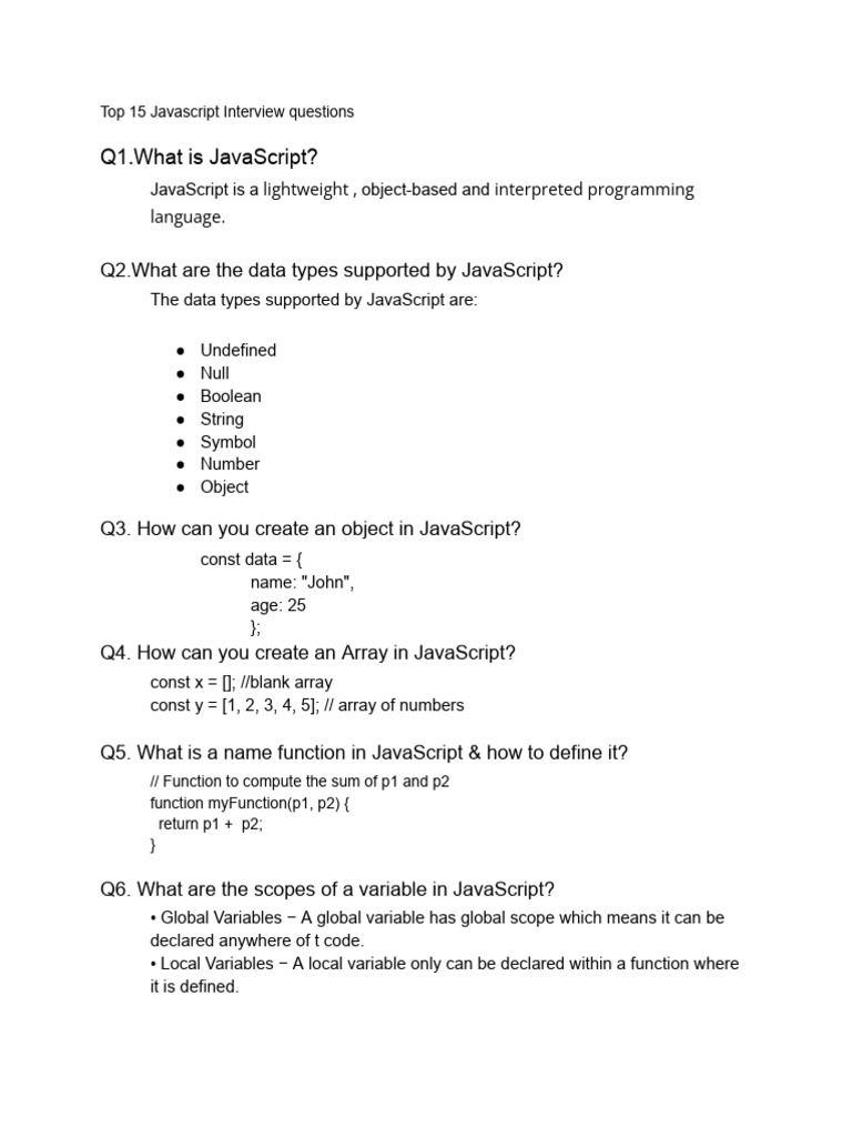 Top 15 Javascript Interview Questions | PDF