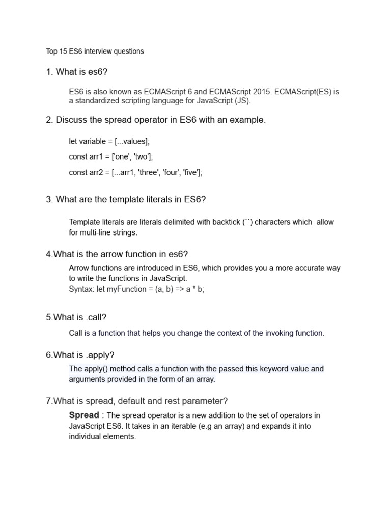 Top 15 ES6 Interview Questions | PDF