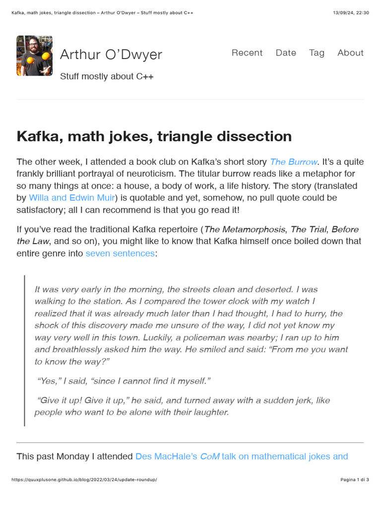 Kafka, Math Jokes, Triangle Dissection - Arthur O'Dwyer - Stuff Mostly ...